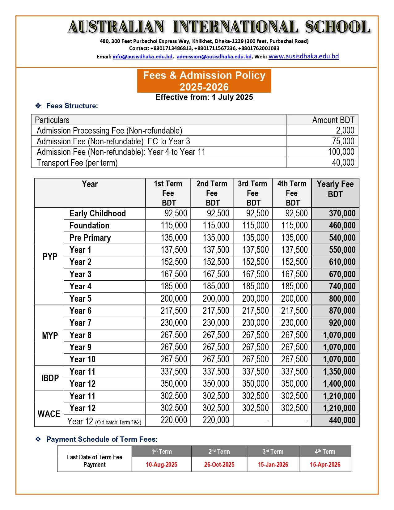 Fee Structure - Australian International School