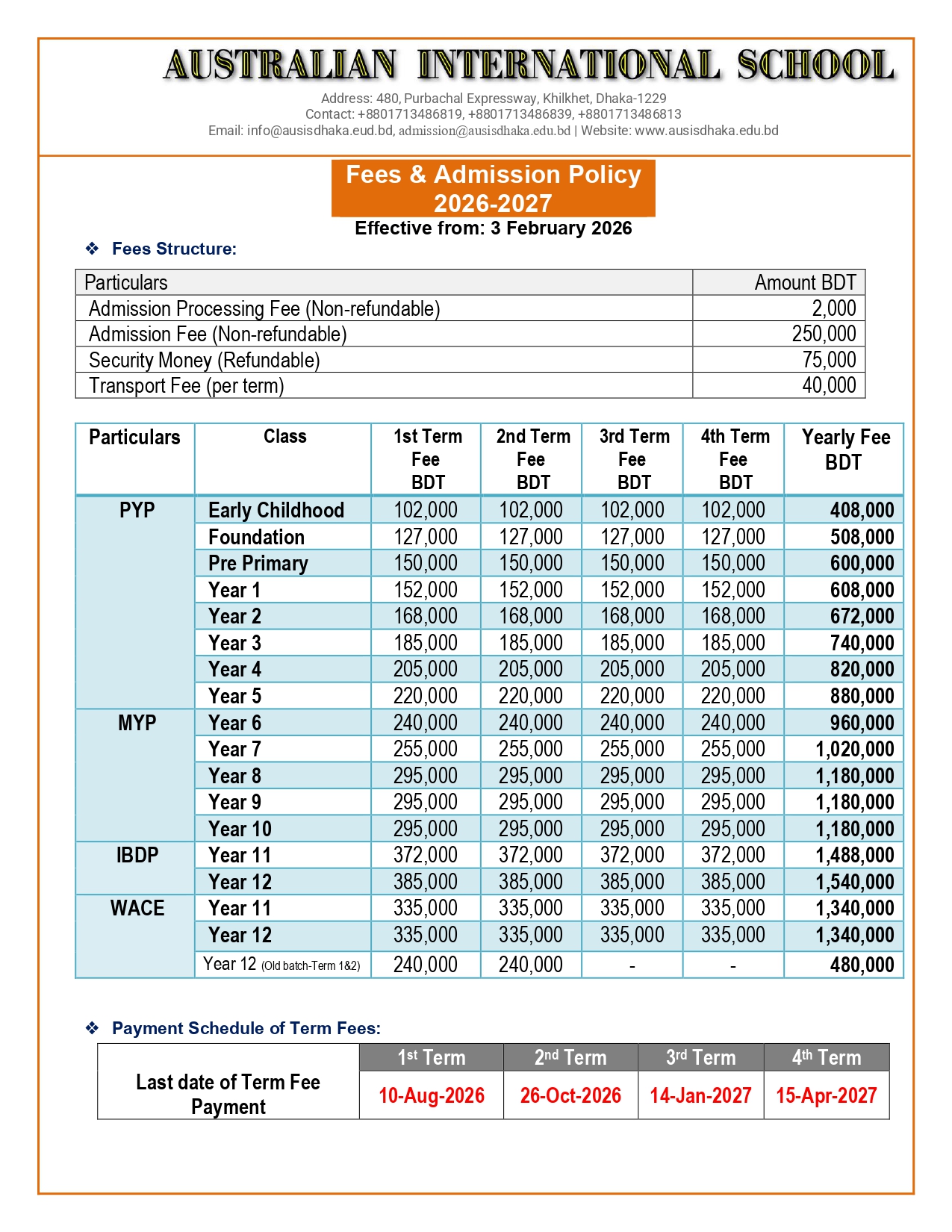 Fee Structure - Australian International School